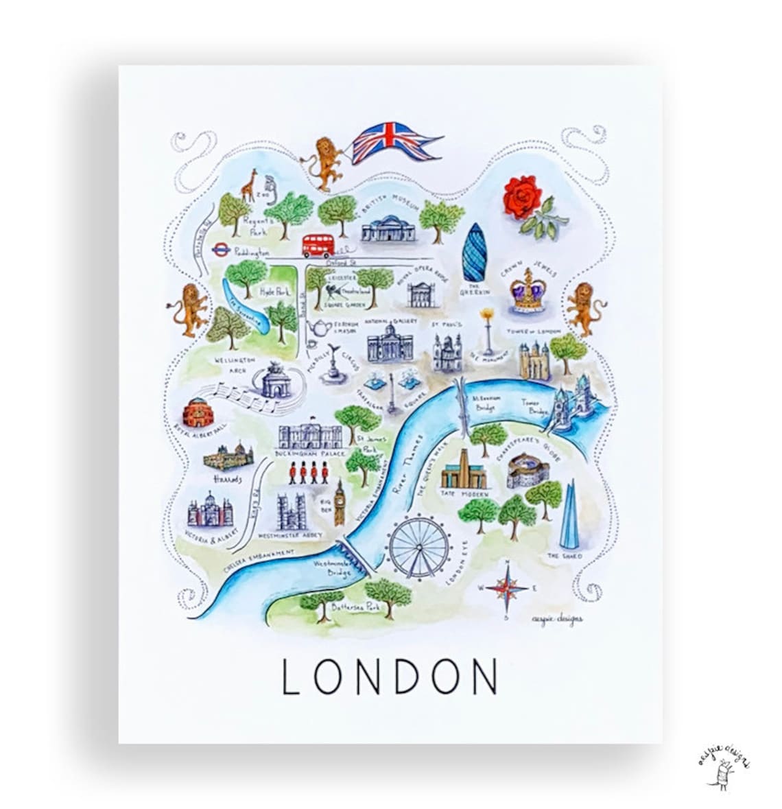 London City Map Art Print - Watercolor Illustration - Etsy