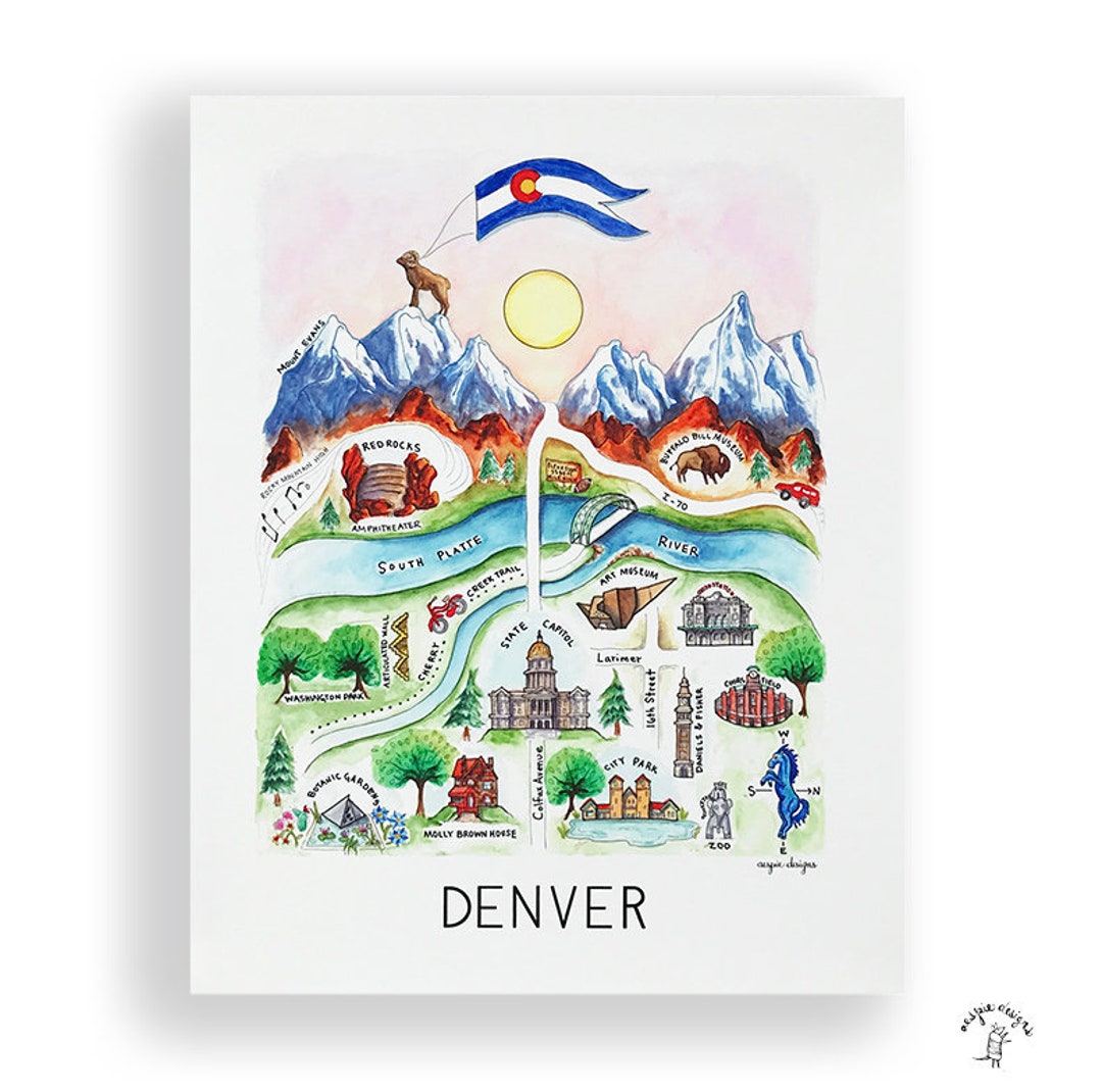 Denver City Map Art Print - Pink - Watercolor - Etsy