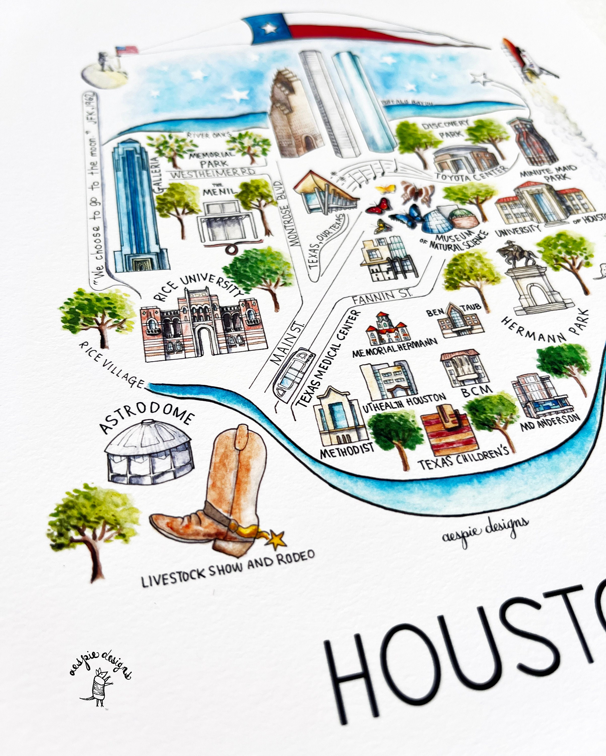 Houston City Map Art Print - Watercolor - Etsy