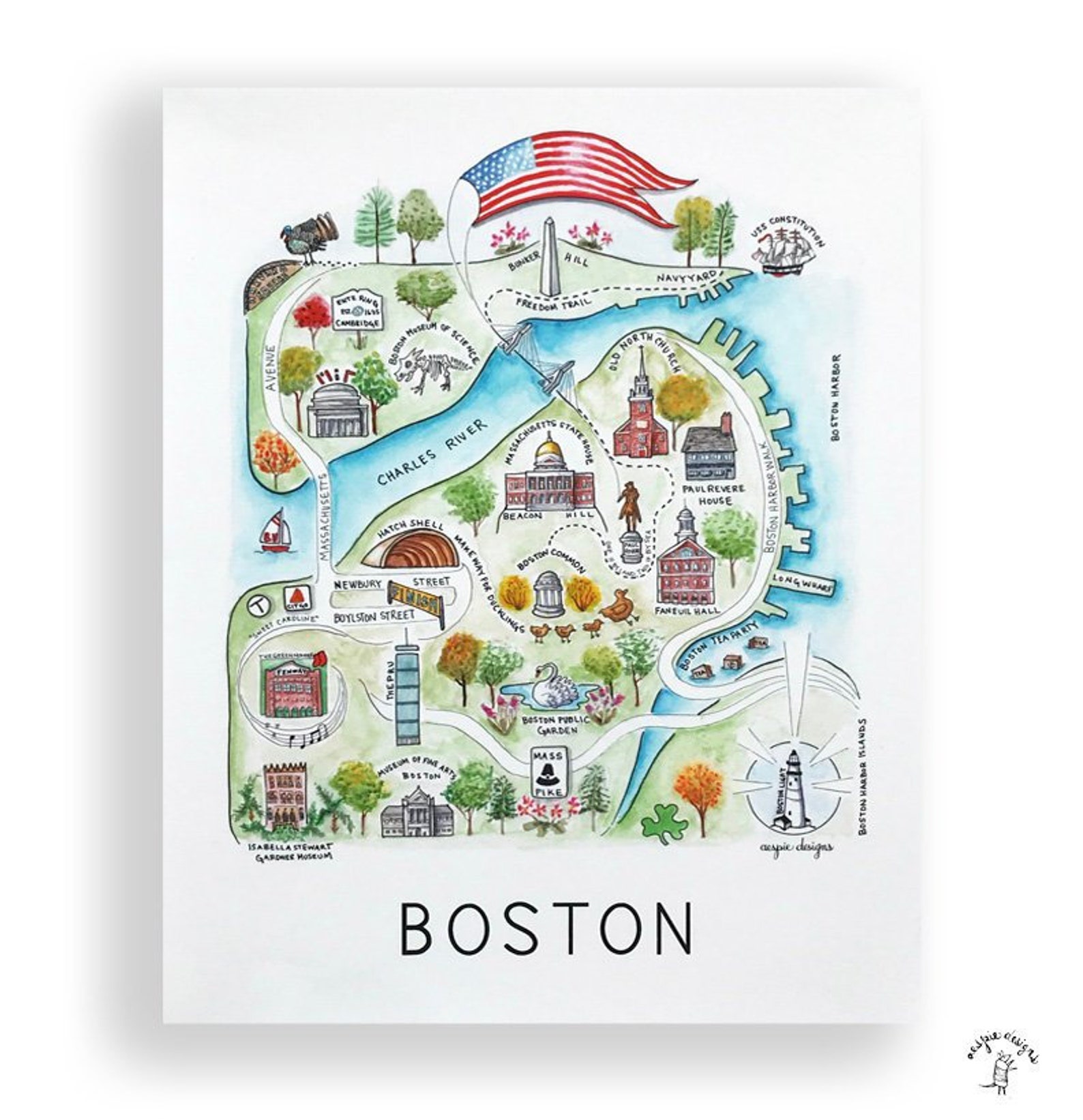Boston City Map Art Print - Watercolor - Etsy