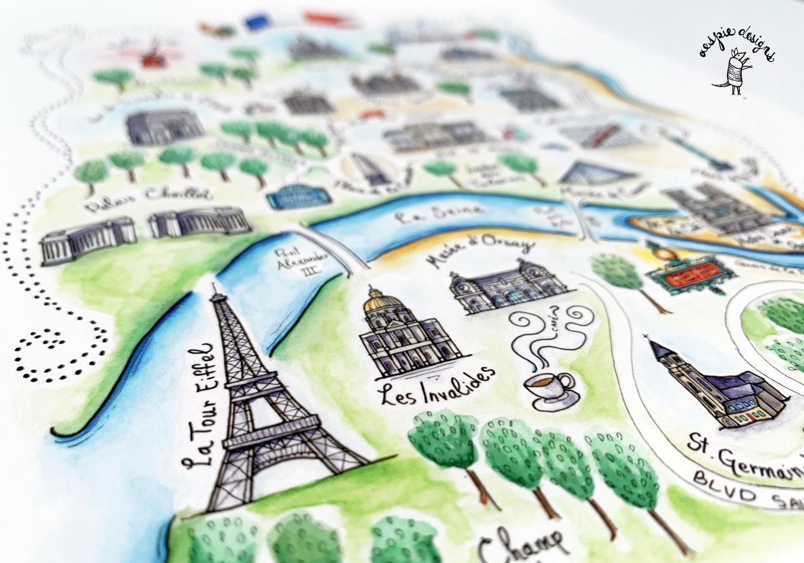 Paris City Map Art Print - Watercolor - Etsy
