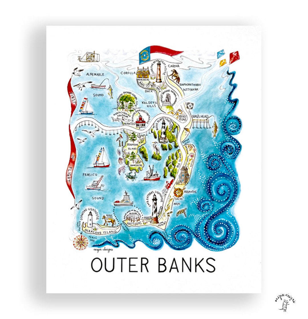 Outer Banks OBX Map Art Print - Watercolor - Etsy