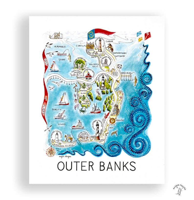 Outer Banks OBX Map Art Print - Watercolor - Etsy