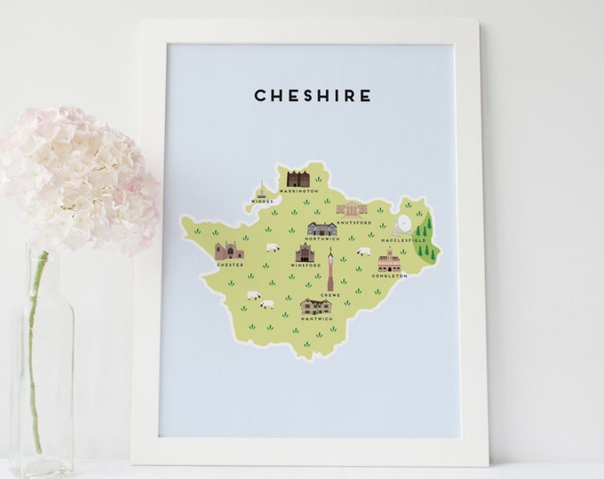 Cheshire Map - Illustrated Map of Cheshire Print / Travel Gifts / Gifts ...