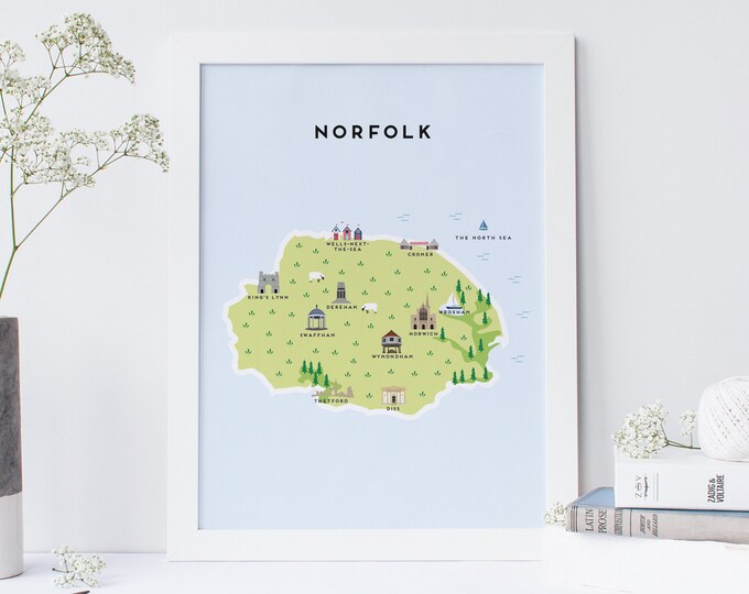 Norfolk Map - Illustrated Map of Norfolk Print / Travel Gifts / Gifts ...