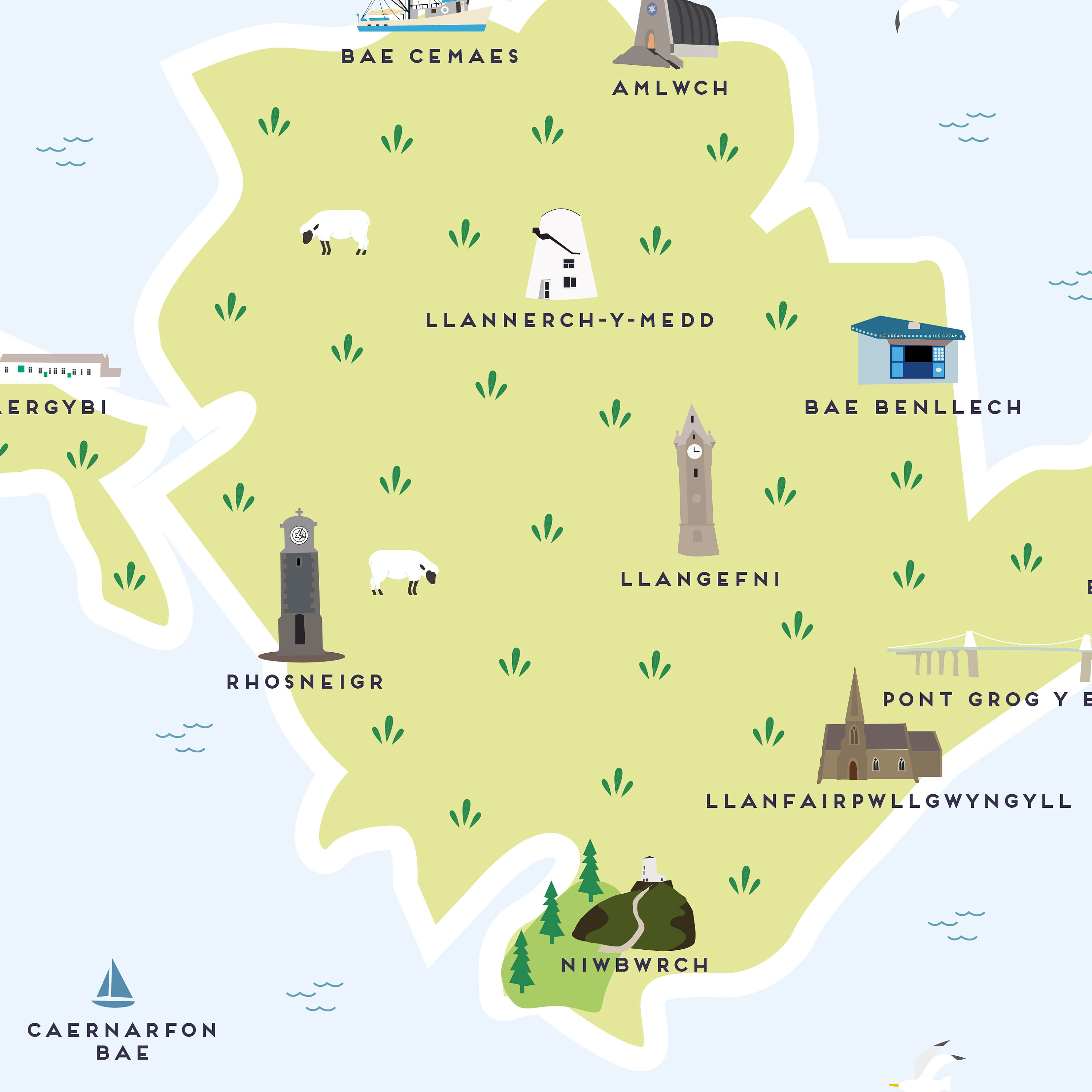 Anglesey Map - Illustrated Map of Anglesey Print / Travel Gifts / Gifts ...
