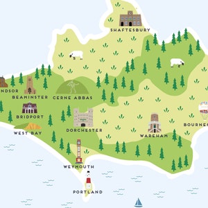 Dorset Map - Illustrated Map of Dorset Print / Travel Gifts / Gifts for ...