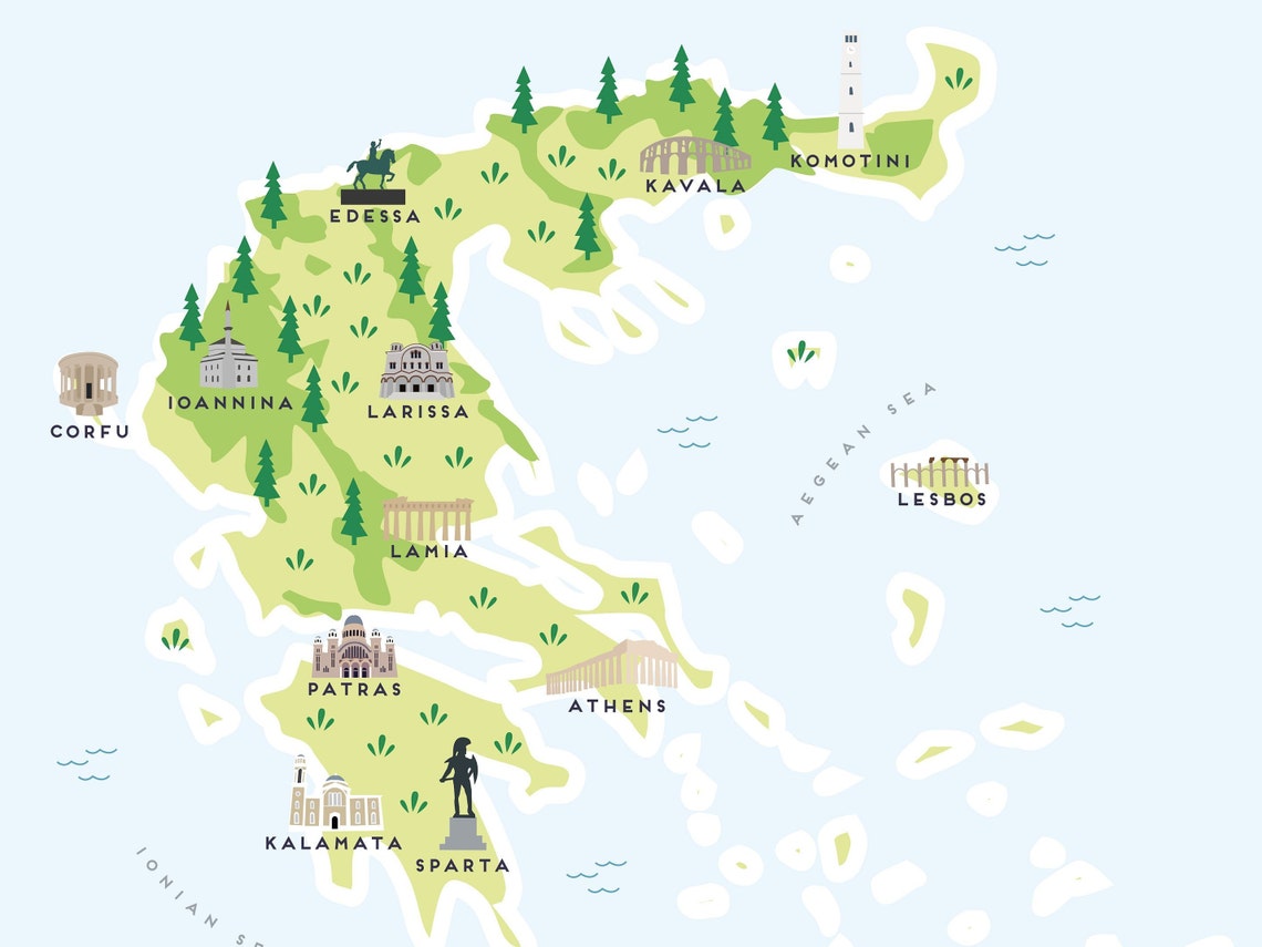 Greece Map Illustrated Map of Greece Print / Travel Gifts / - Etsy UK