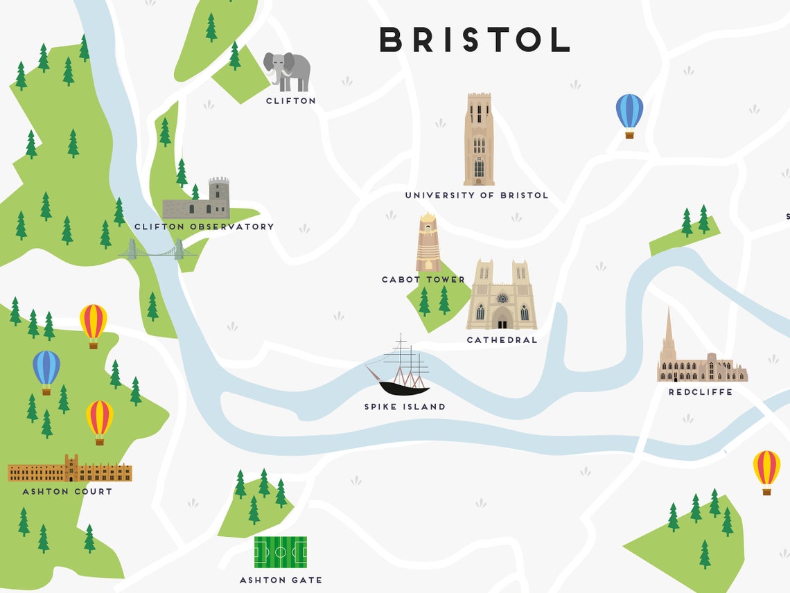 Bristol Map - Illustrated Map of Bristol Print / Travel Gifts / Gifts ...