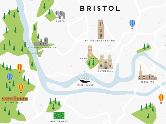 Prints Bristol Map Illustrated Map of Bristol Print Travel Gifts Gifts ...