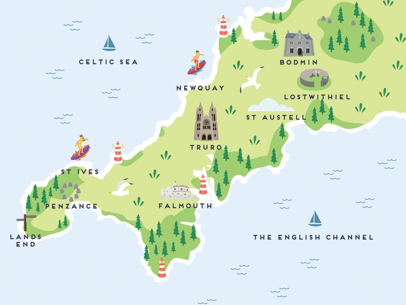 Cornwall Map - Illustrated Map of Cornwall Print / Travel Gifts / Gifts ...
