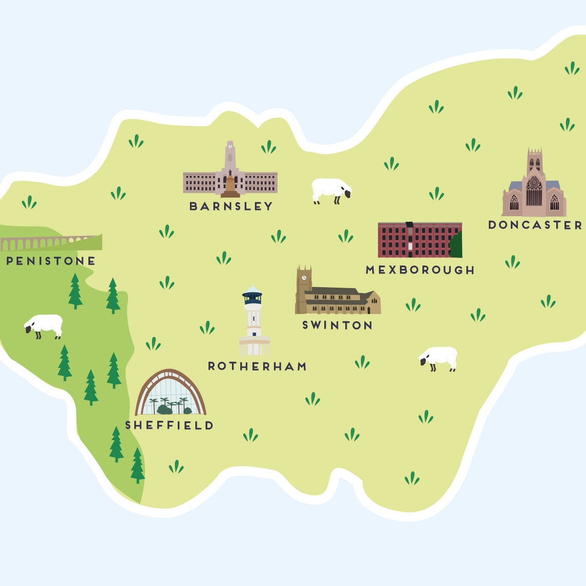 South Yorkshire Map Illustrated Map of South Yorkshire Print | Etsy UK