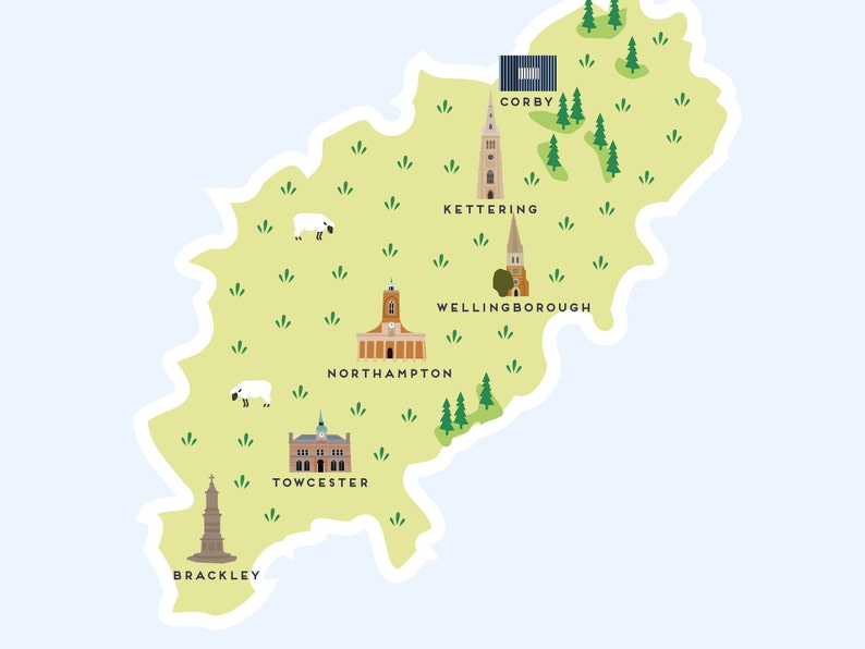 Northamptonshire Map Illustrated Map of Northamptonshire - Etsy UK
