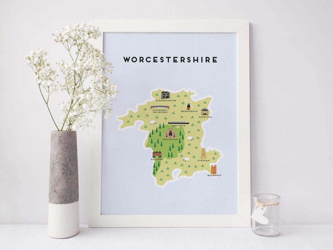 Worcestershire Map Illustrated map of Worcestershire Print / | Etsy