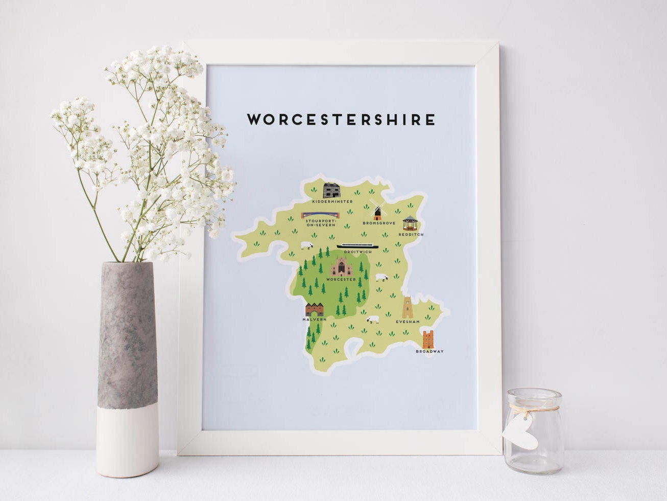 Worcestershire Map Illustrated Map of Worcestershire Print / - Etsy UK