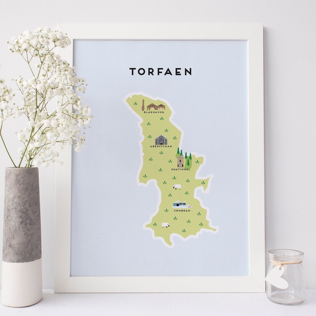 Torfaen Map - Illustrated Map of Torfaen Print / Travel Gifts / Gifts ...