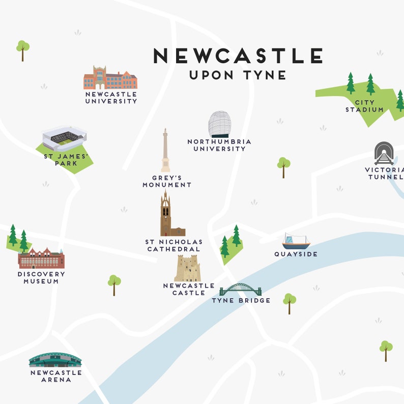 Newcastle Upon Tyne Map - Illustrated Map of Newcastle Upon Tyne Print ...