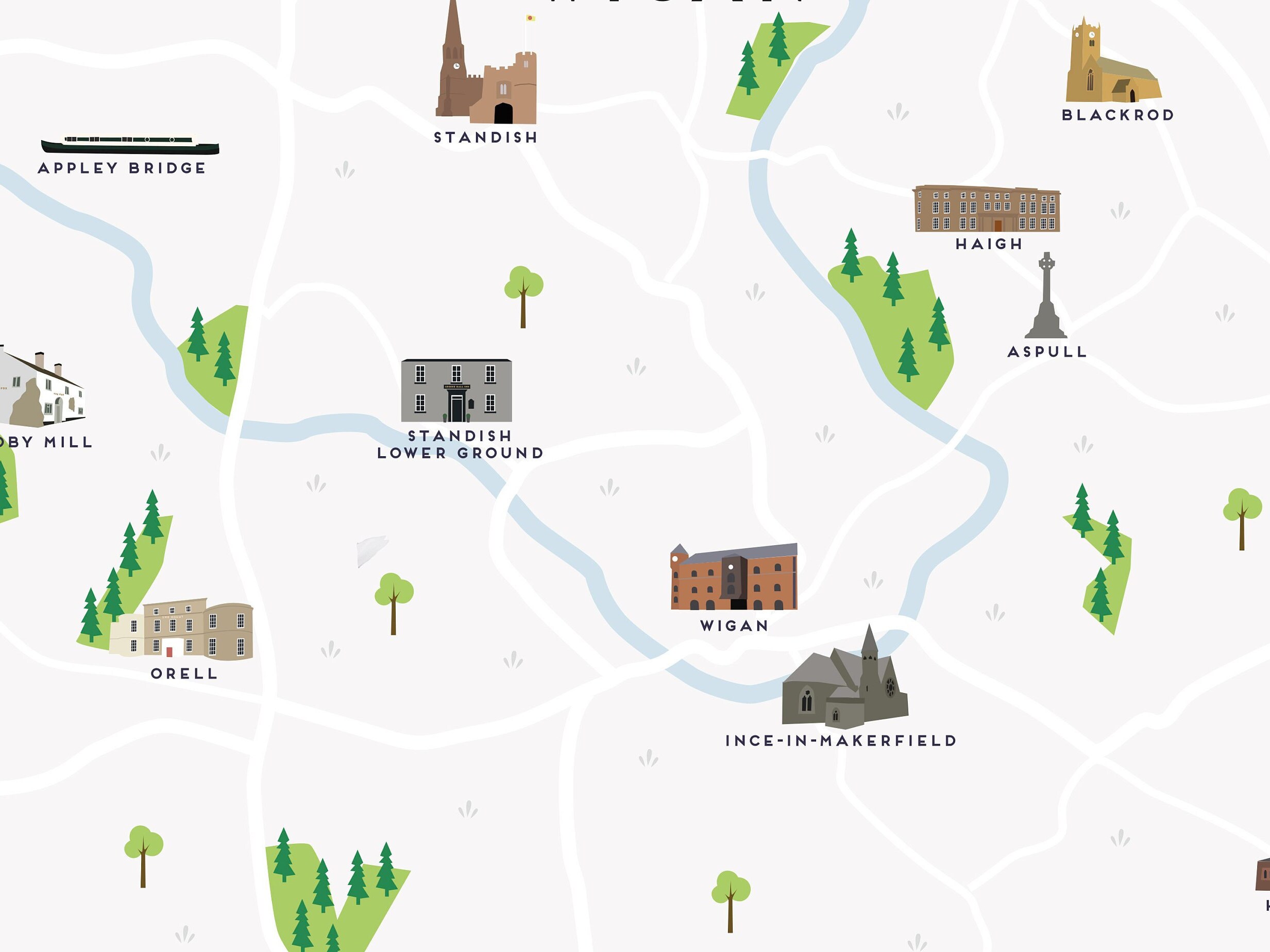 Wigan Map Illustrated Map of Wigan Print / Travel Gifts / - Etsy UK