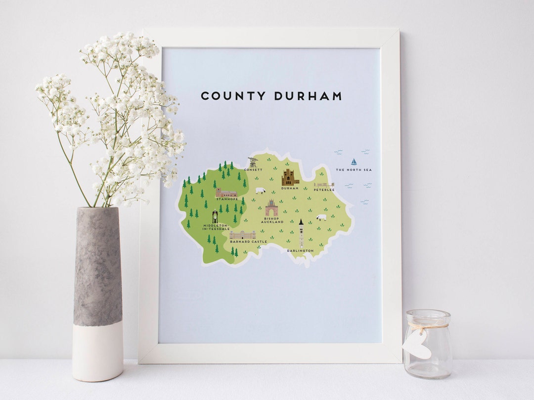 County Durham Map - Illustrated Map of County Durham Print / Travel ...