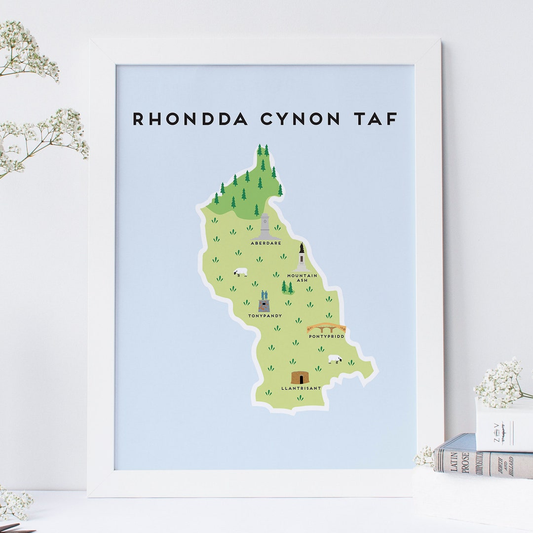 Rhondda Cynon Taf Map - Illustrated Map of Rhondda Cynon Taf Print ...