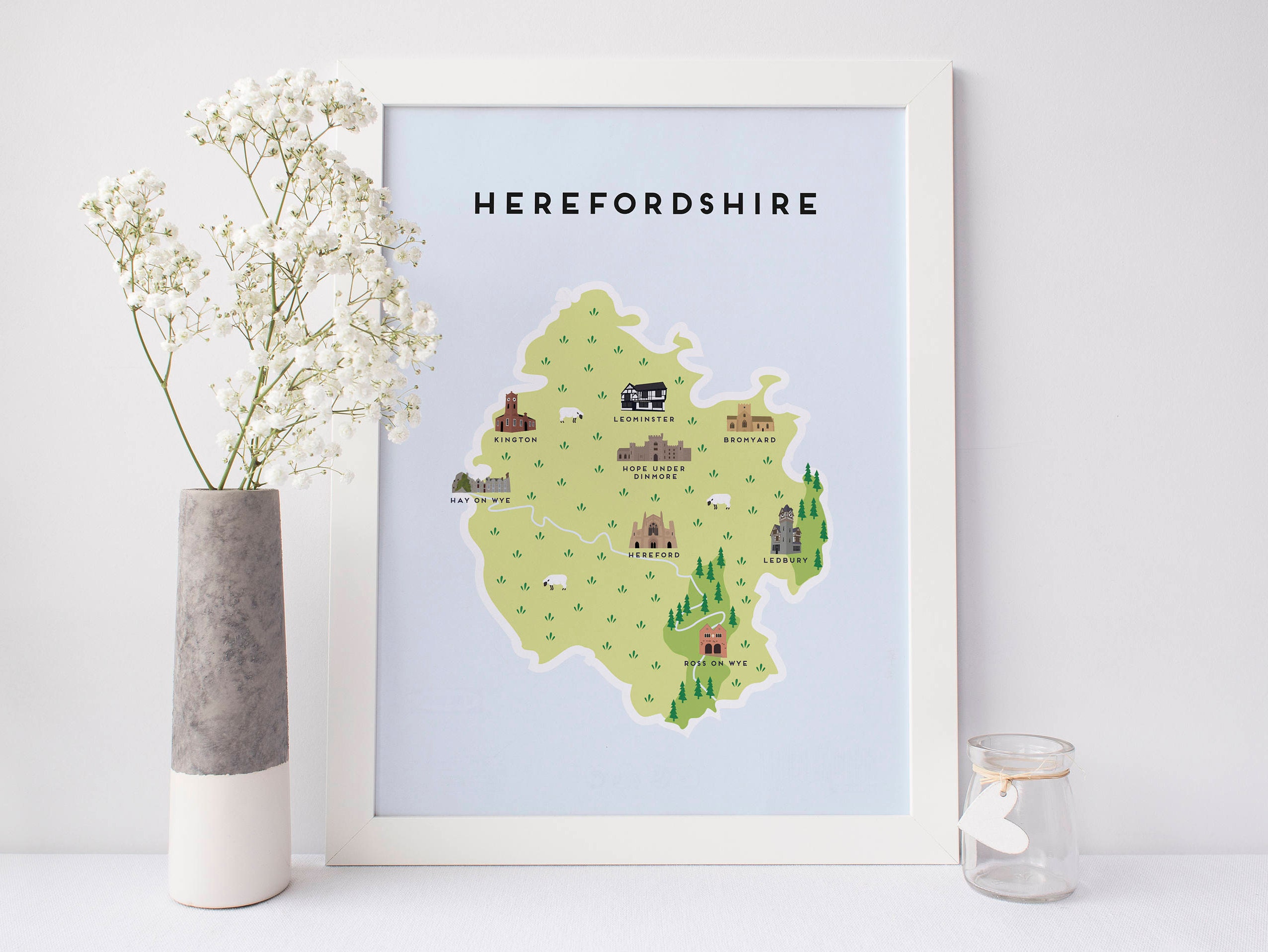 Herefordshire Map Illustrated Map of Herefordshire Print / | Etsy