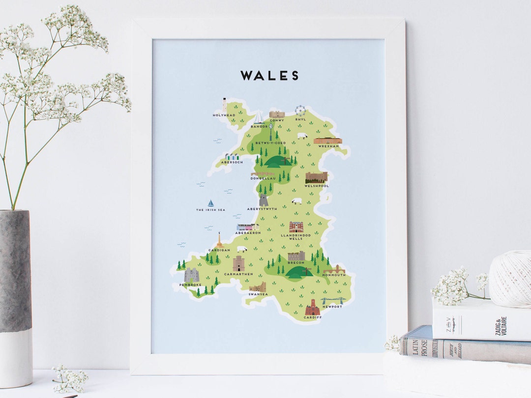 Wales Map - Illustrated Map of Wales Print / Travel Gifts / Gifts for Travellers / United ...