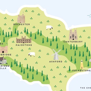 Kent Map - Illustrated Map of Kent Print / Travel Gifts / Gifts for ...