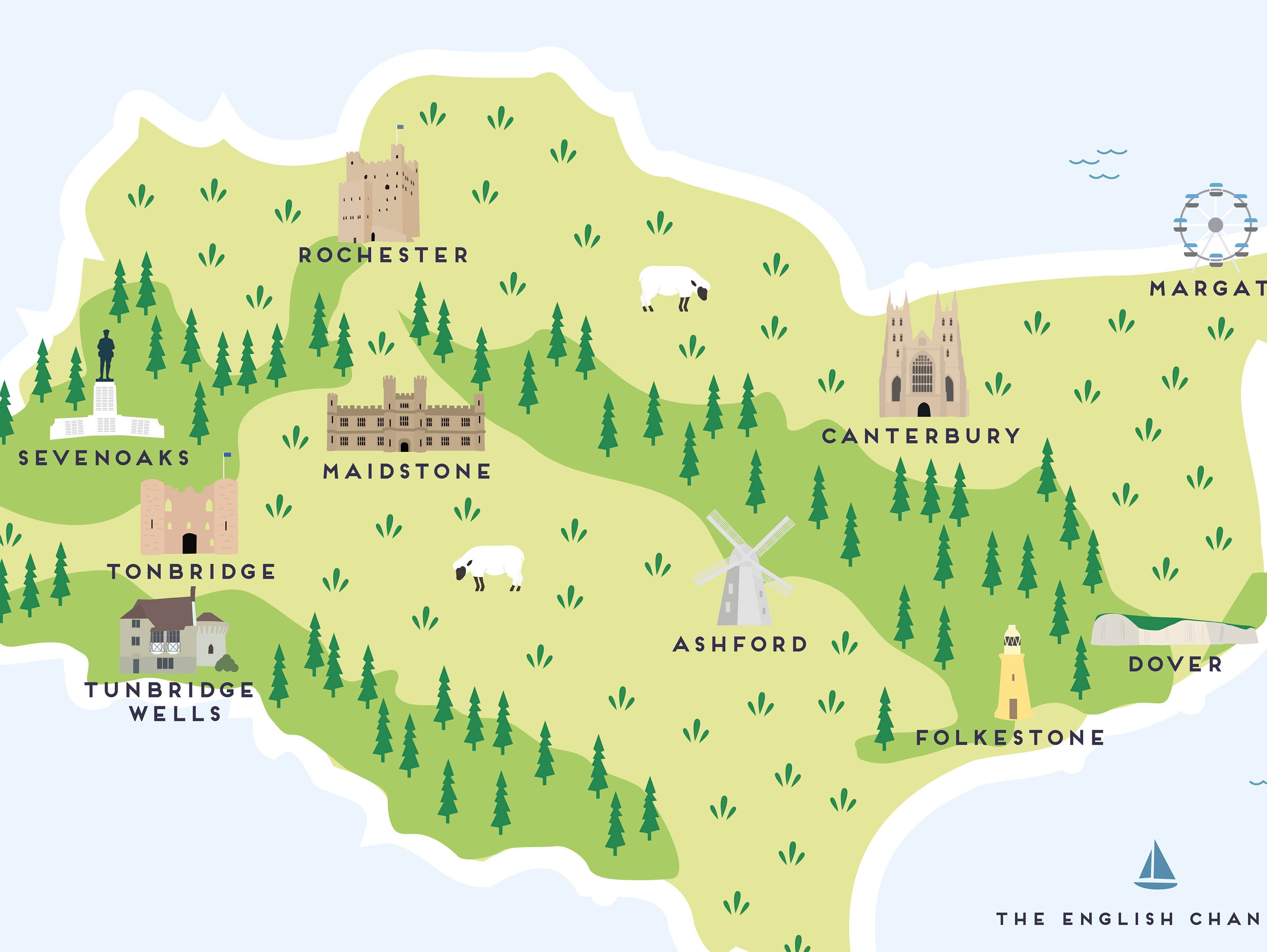 Kent Map - Illustrated Map of Kent Print / Travel Gifts / Gifts for ...