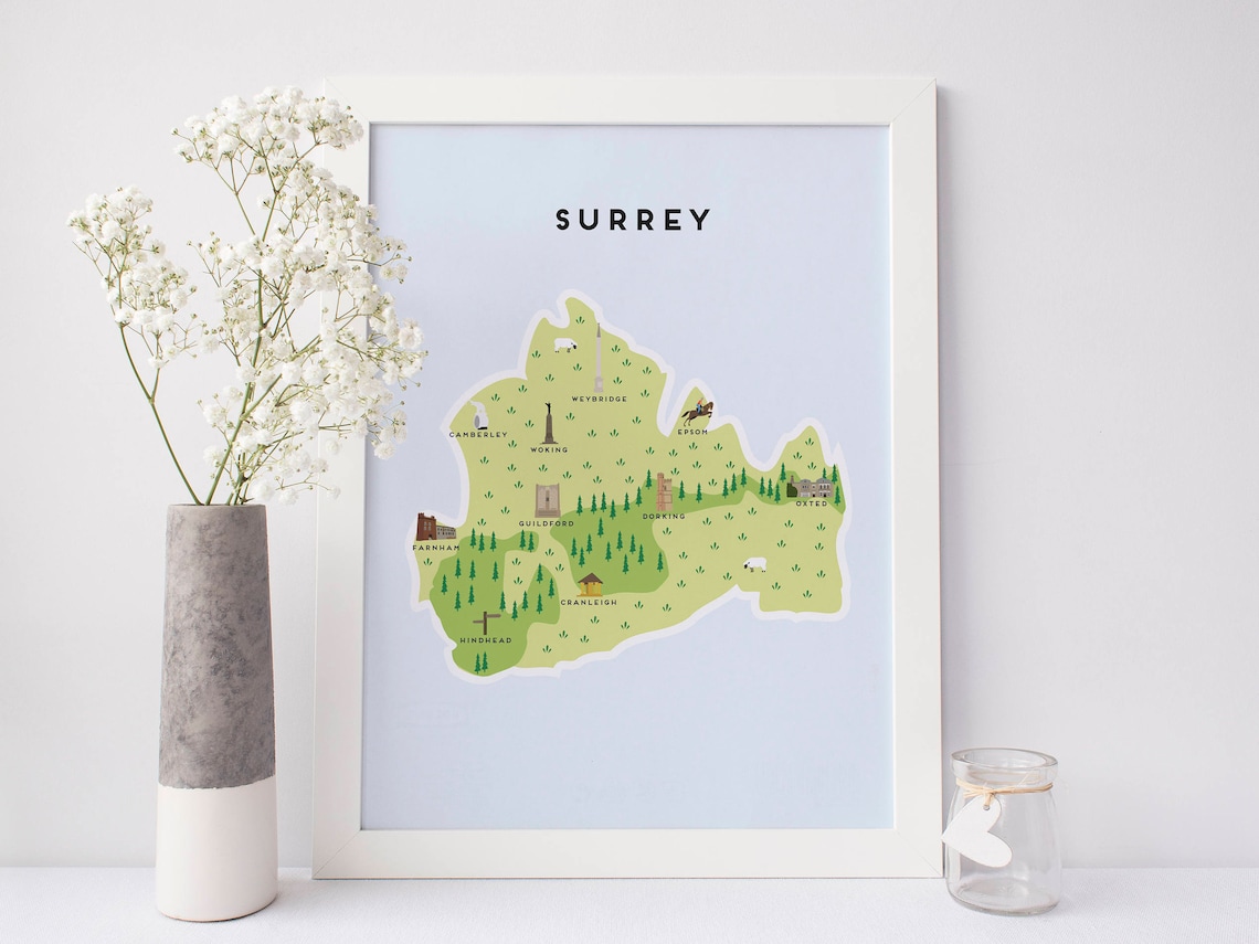 Surrey Map Illustrated Map of Surrey Print / Travel Gifts / | Etsy UK