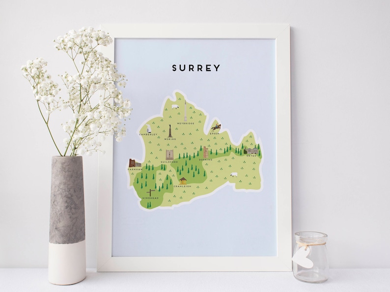 Surrey Map Illustrated Map of Surrey Print / Travel Gifts / | Etsy UK