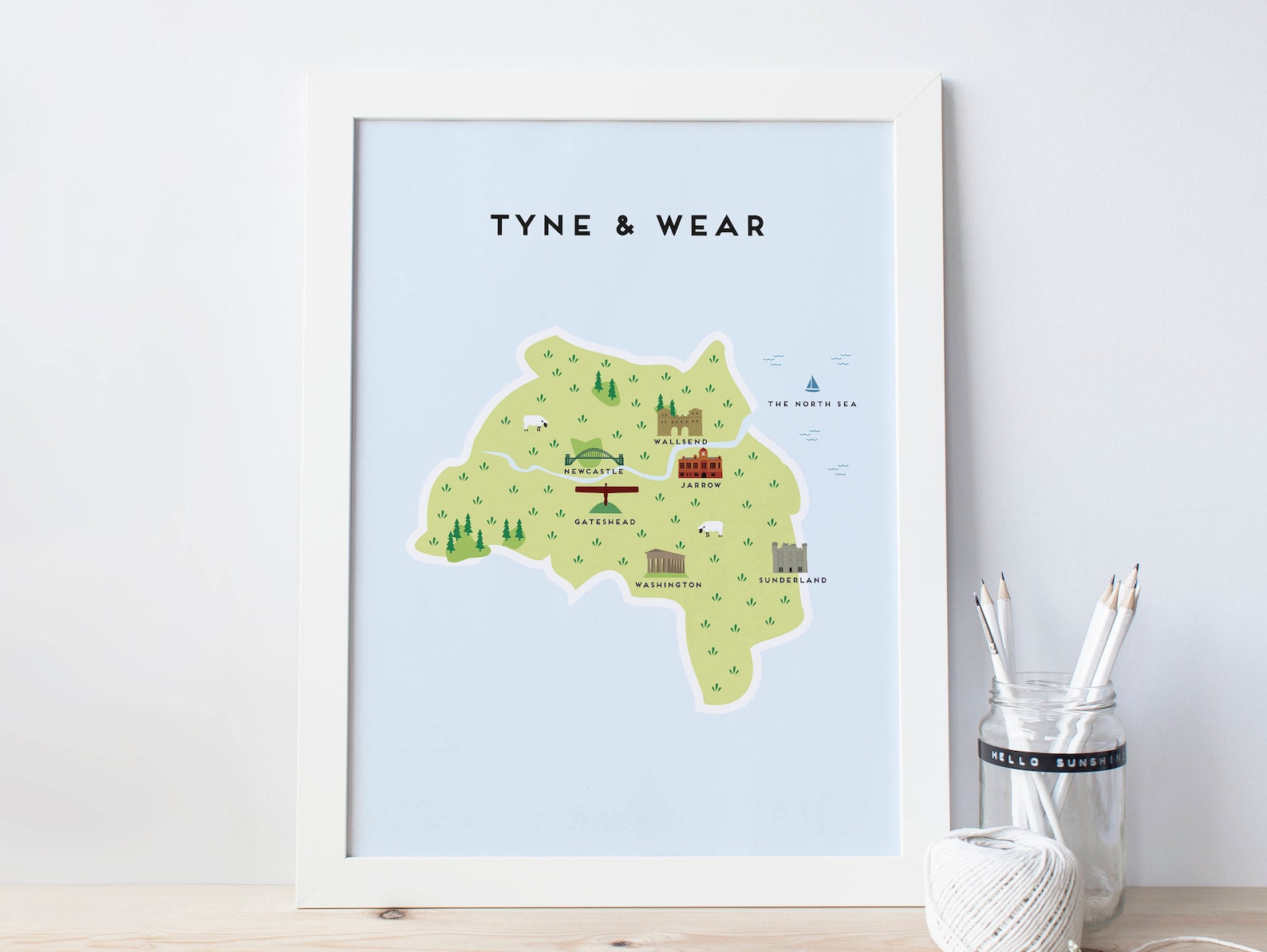 Tyne and Wear Map Illustrated Map of Tyne and Wear Print / Travel Gifts ...