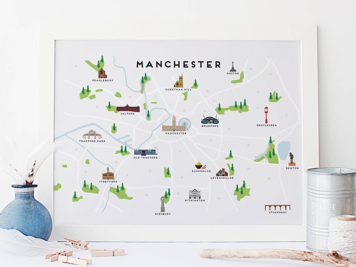 Manchester Map Illustrated Map of Manchester Print / Travel | Etsy