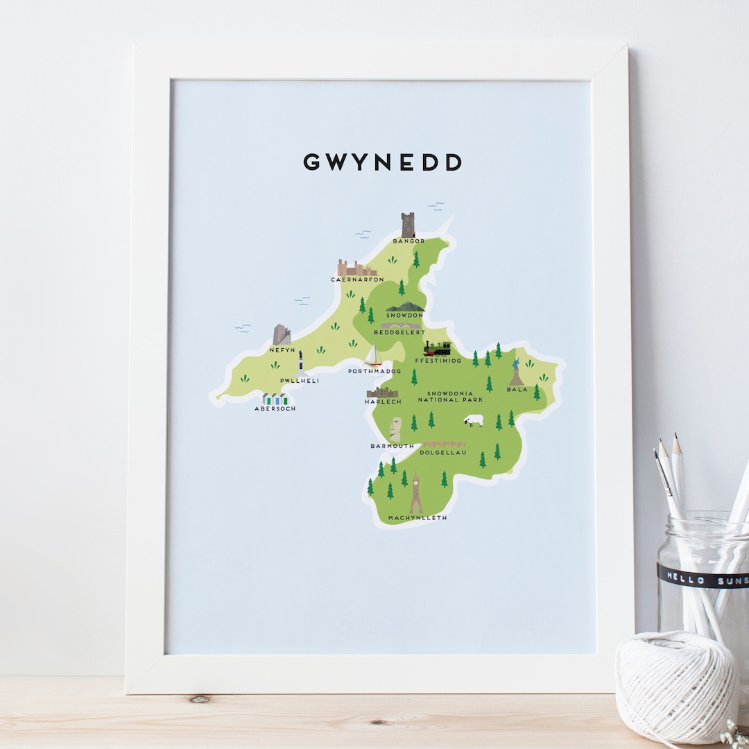 Gwynedd Map - Illustrated Map of Gwynedd Print / Travel Gifts / Gifts ...
