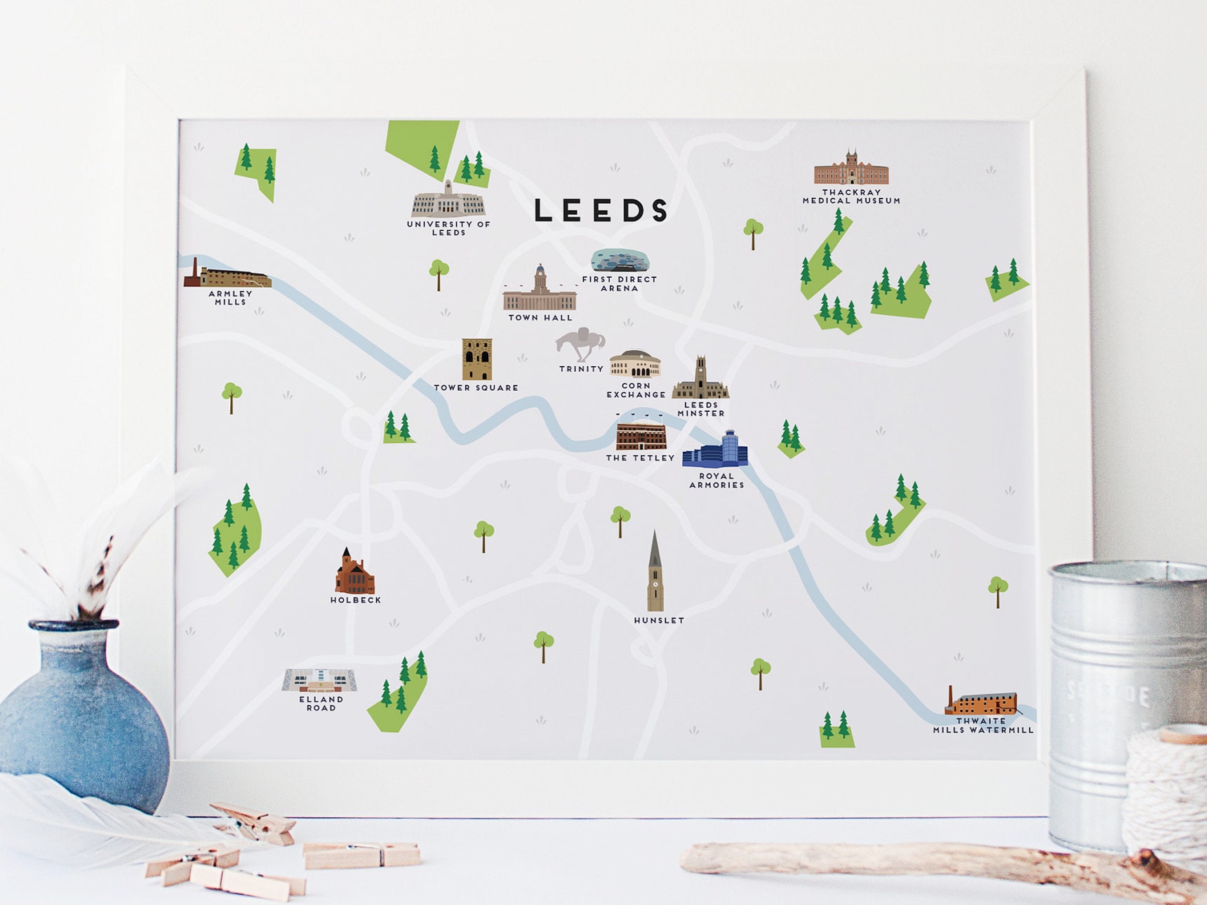 Leeds Map - Illustrated Map of Leeds Print / Travel Gifts / Gifts for ...
