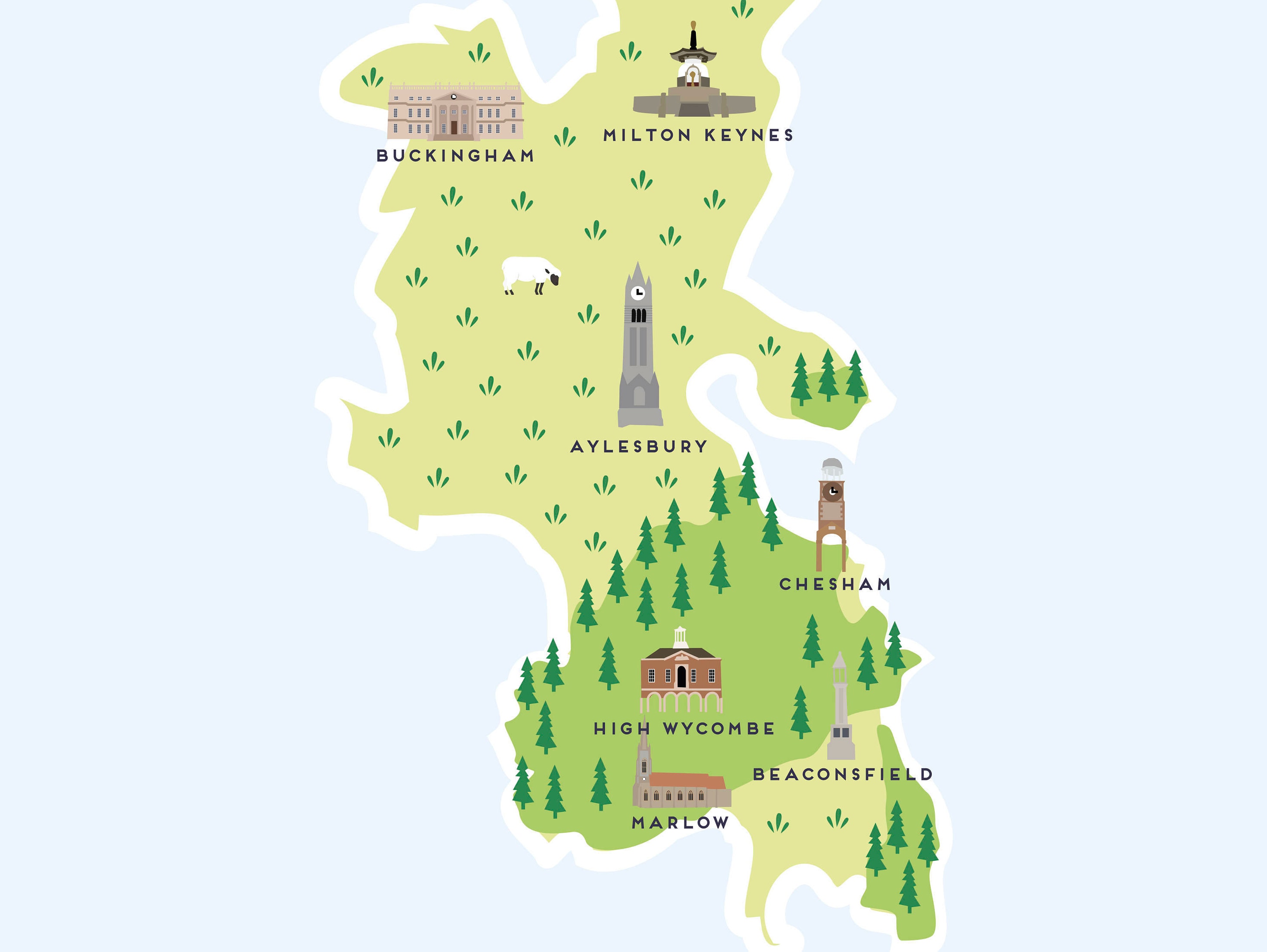 Buckinghamshire Map Illustrated Map of Buckinghamshire Print | Etsy