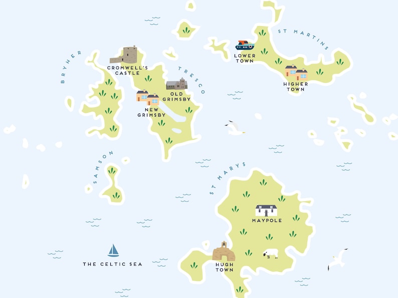 The Scilly Isles Map Illustrated Map of the Scilly Isles | Etsy