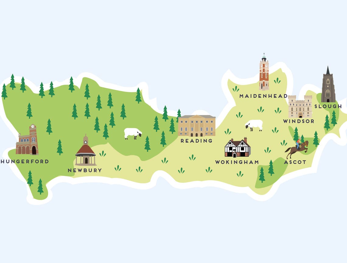 Berkshire Map Illustrated Map of Berkshire Print / Travel | Etsy UK