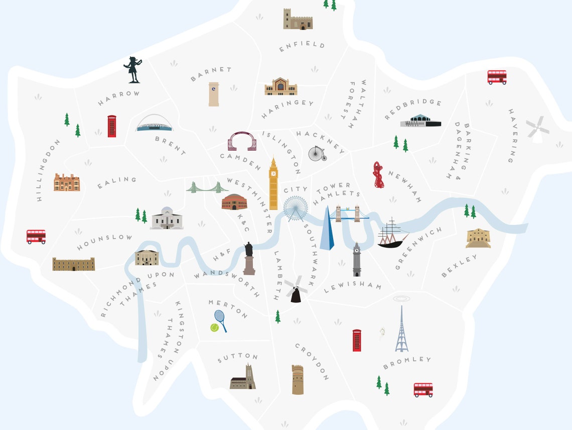 London Boroughs Map Illustrated Map of London Boroughs Print - Etsy UK