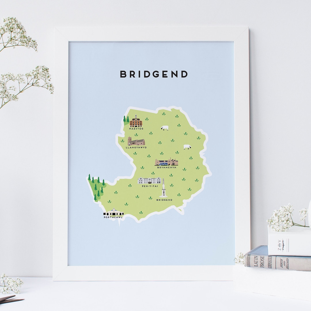 Bridgend Map - Illustrated Map of Bridgend Print / Travel Gifts / Gifts ...