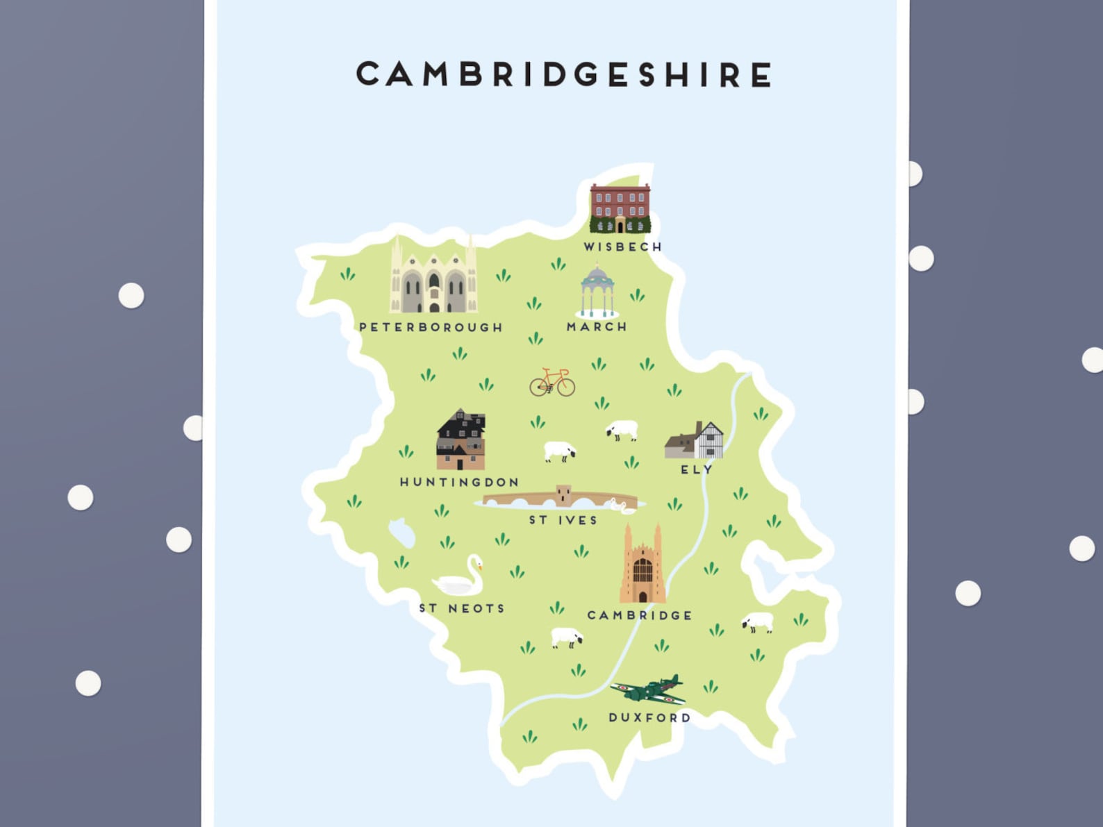 Cambridgeshire Map Illustrated map of Cambridgeshire A4/A3 | Etsy