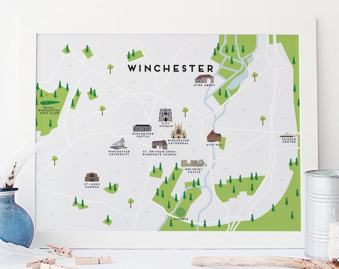 Winchester Map - Illustrated Map of Winchester Print / Travel Gifts ...