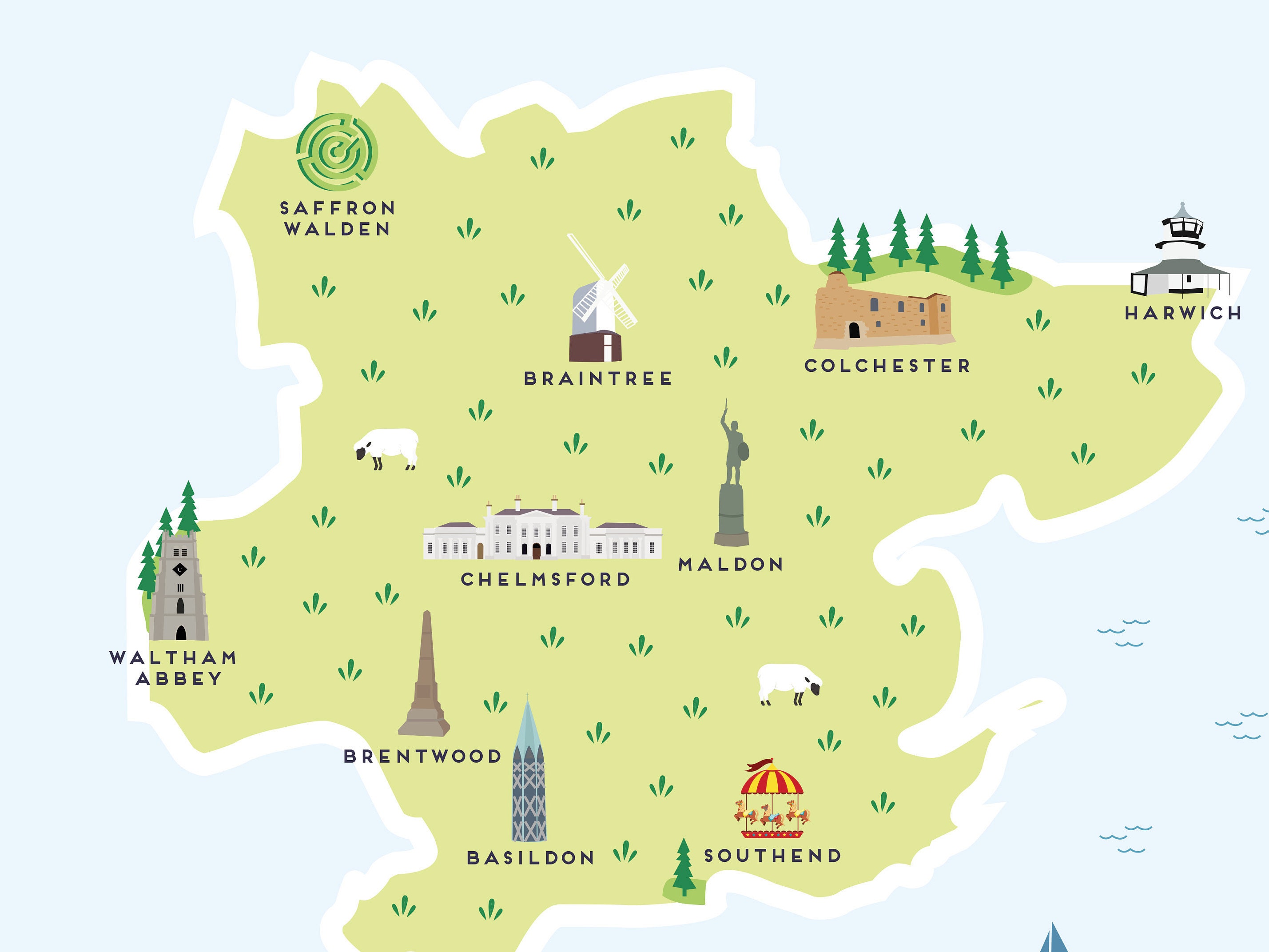 Essex Map Illustrated Map Of Essex Print Travel Ts Etsy Uk