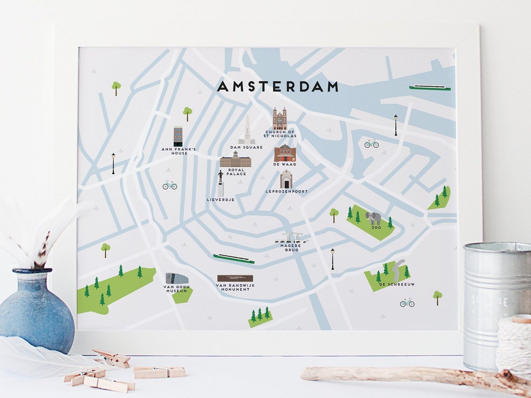 Amsterdam Map - Illustrated Map of Amsterdam Print / Travel Gifts ...