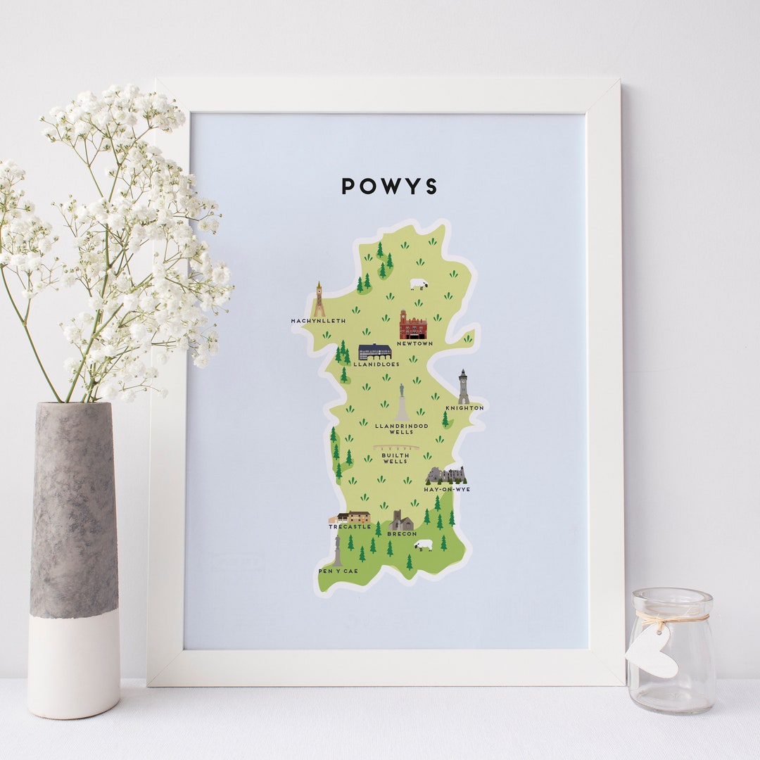Powys Map - Illustrated Map of Powys Print / Travel Gifts / Gifts for ...