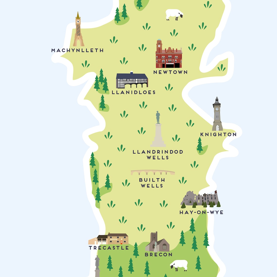Powys Map Illustrated Map of Powys Print / Travel Gifts / - Etsy UK