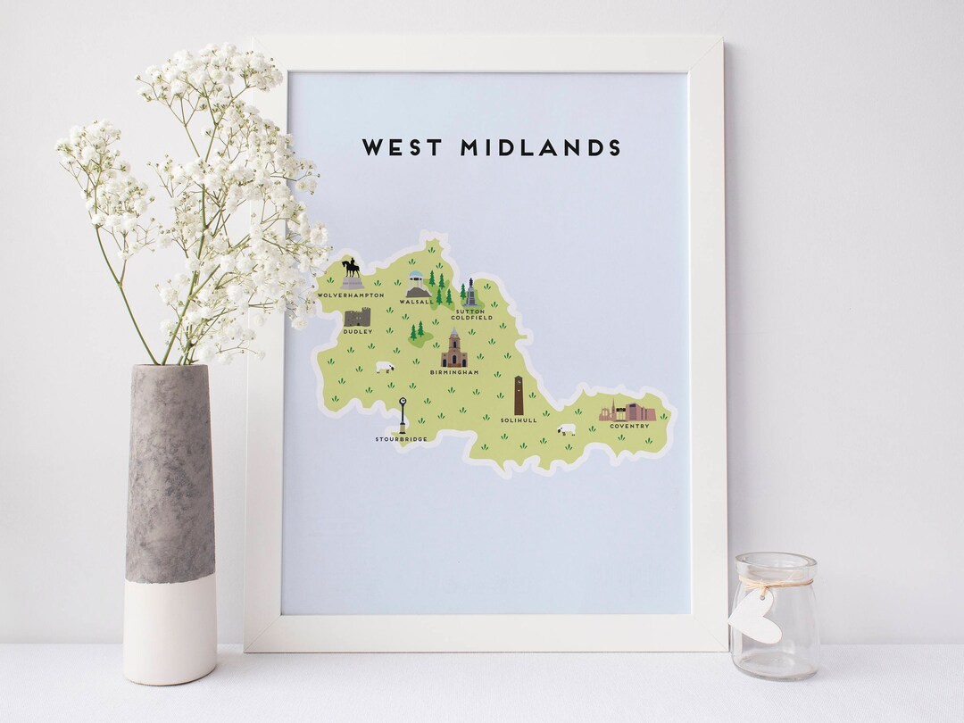 West Midlands Map - Illustrated Map of the West Midlands Print / Travel ...
