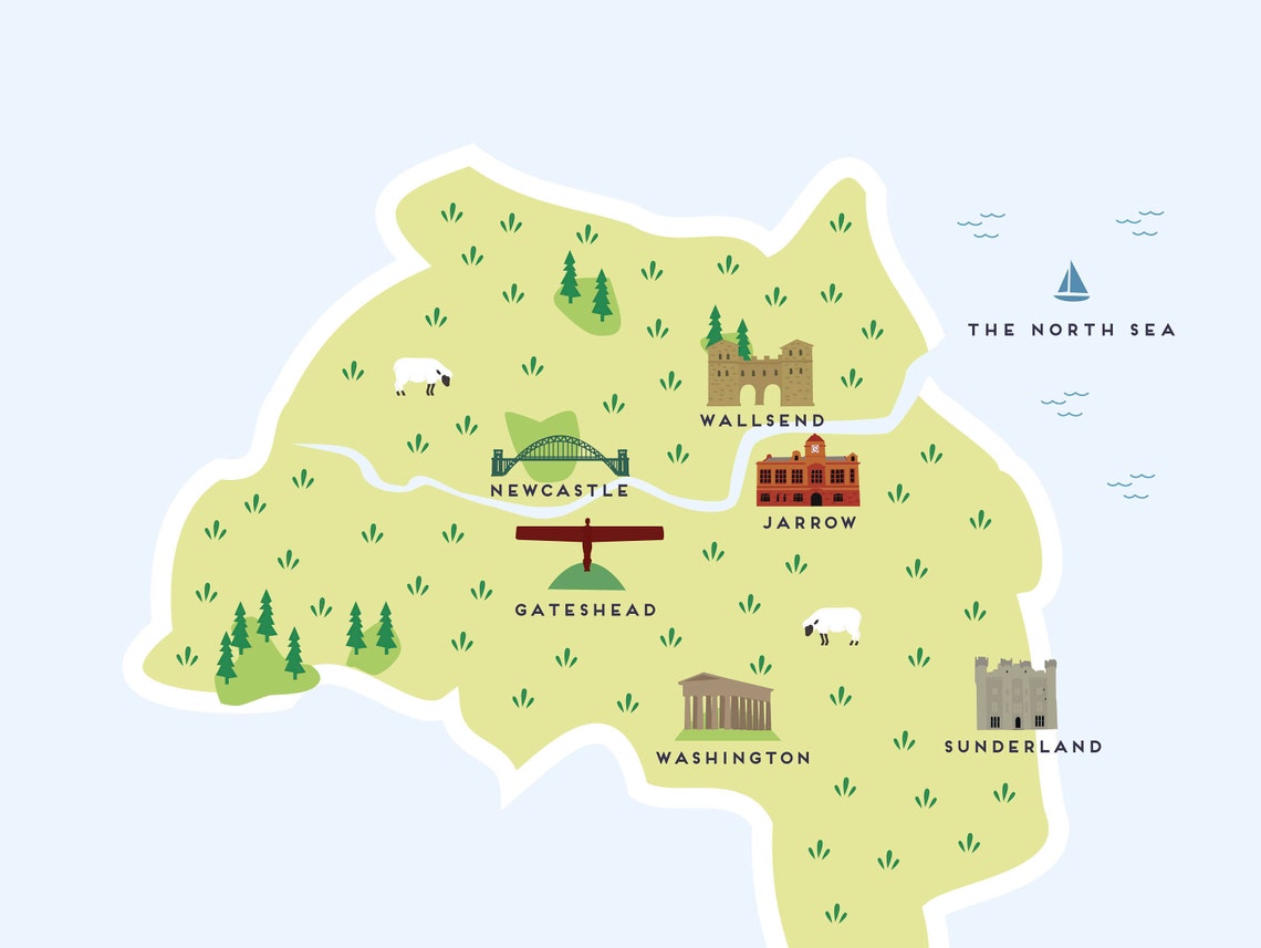 Tyne and Wear Map Illustrated Map of Tyne and Wear Print / - Etsy UK