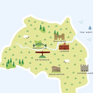 Tyne and Wear Map - Illustrated Map of Tyne and Wear Print / Travel ...