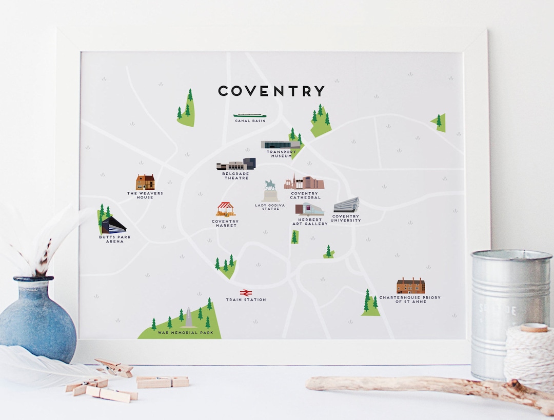 Coventry Map - Illustrated Map of Coventry Print / Travel Gifts / Gifts ...