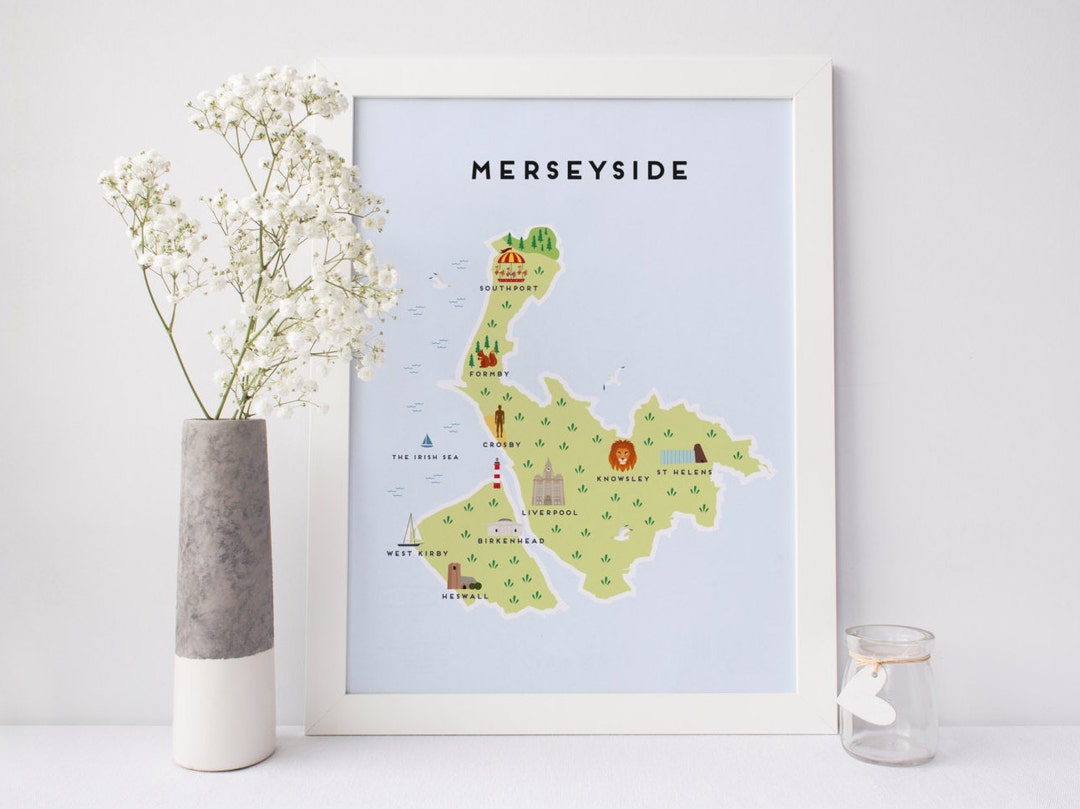 Merseyside Map - Illustrated Map of Merseyside Print / Travel Gifts ...